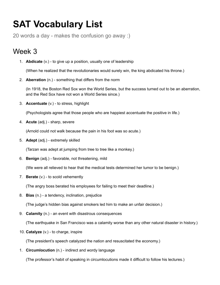 SAT Vocabulary List: Week 3-6