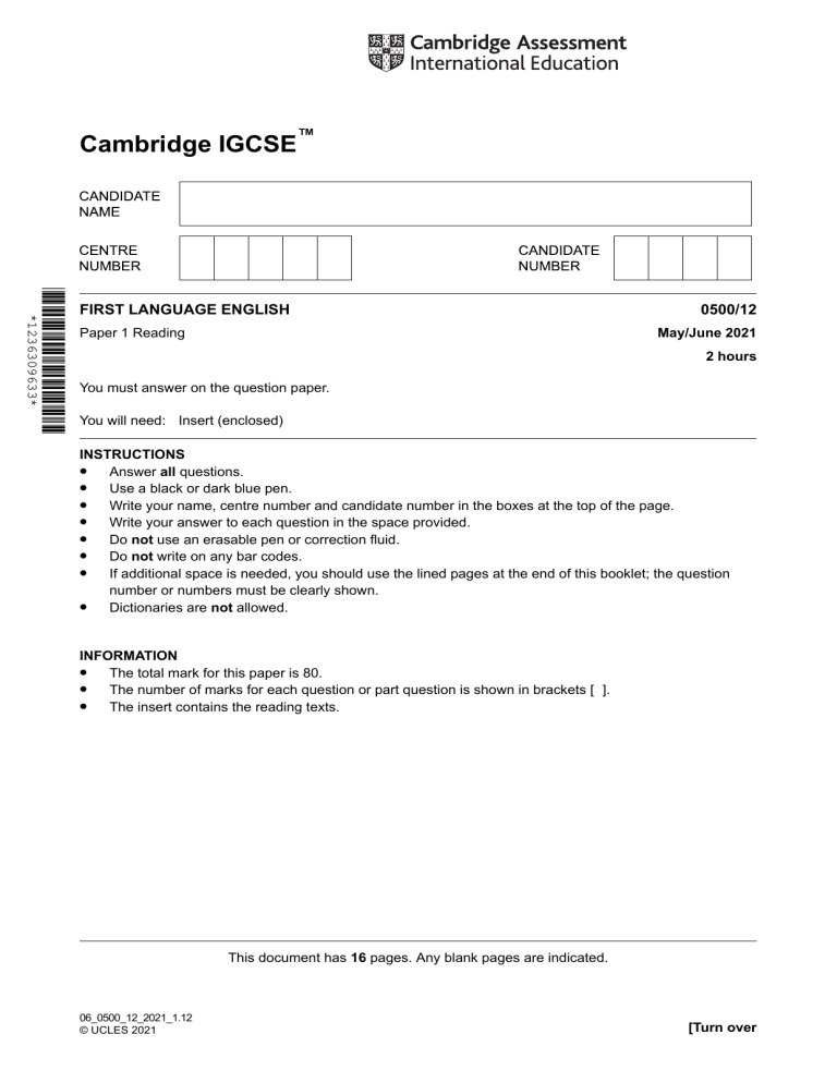 IGCSE English Paper 1 Reading May June 2021 IGCSE English Paper 1 Reading May June 2021