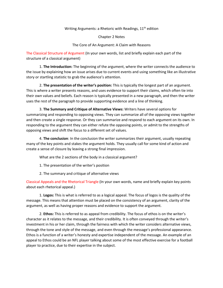 Argumentation: Classical Structure & Rhetorical Appeals