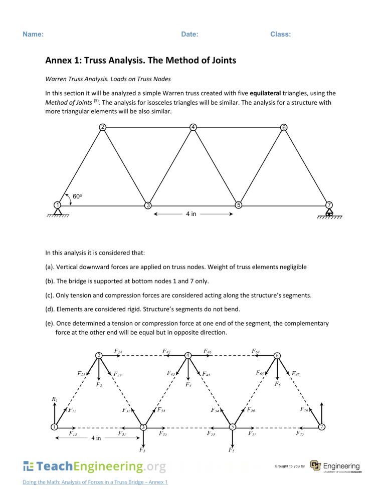 Truss Analysis: Method of Joints Worksheet