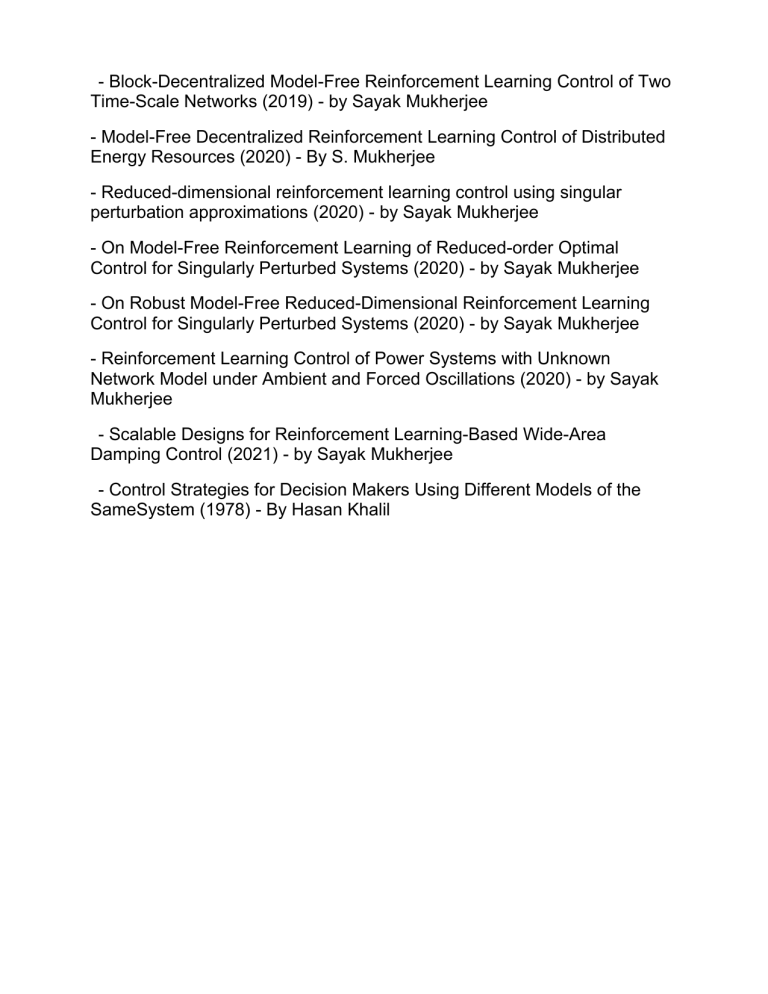 Reinforcement Learning Control Publications