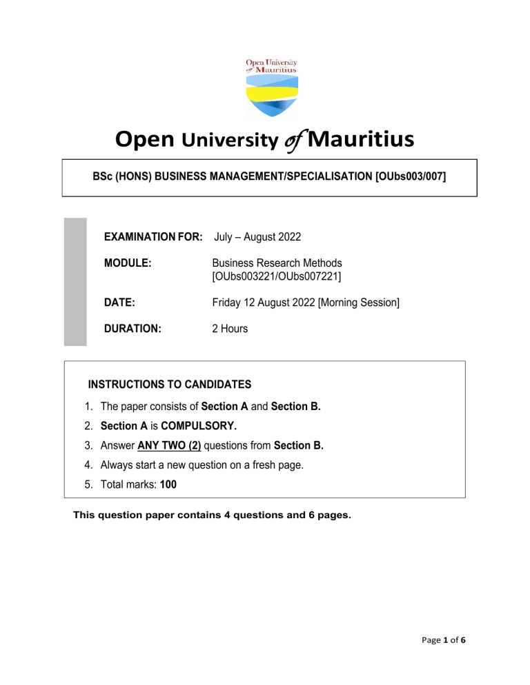 Business Research Methods Exam - Open University of Mauritius