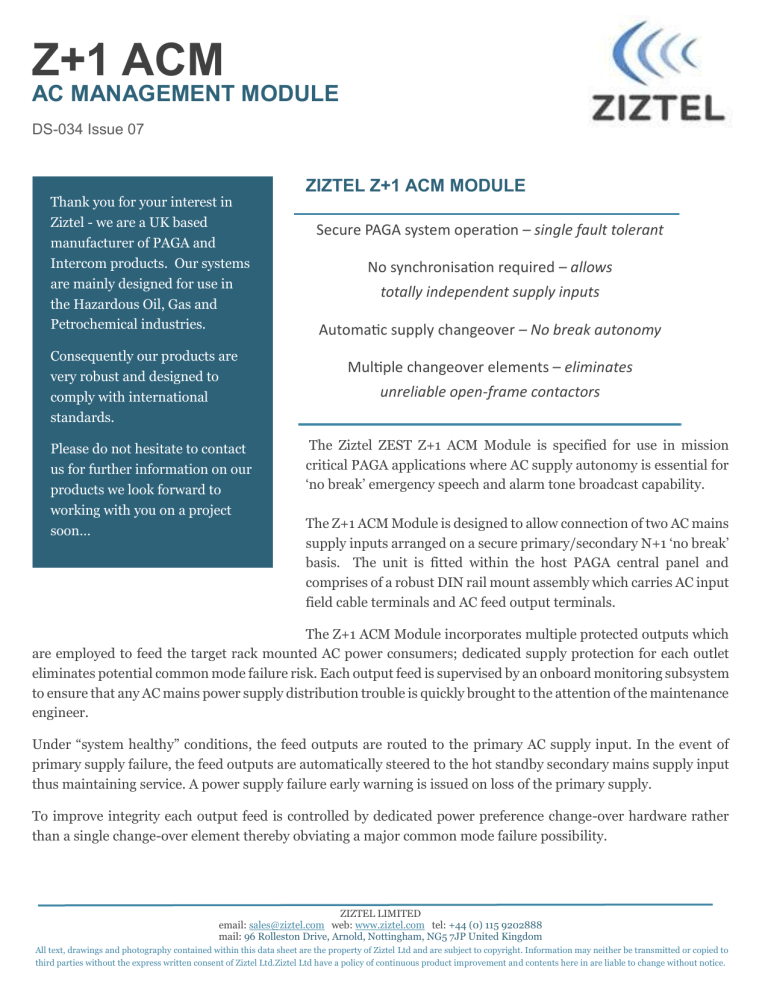 Ziztel Z+1 ACM Module: Secure PAGA System Power Supply