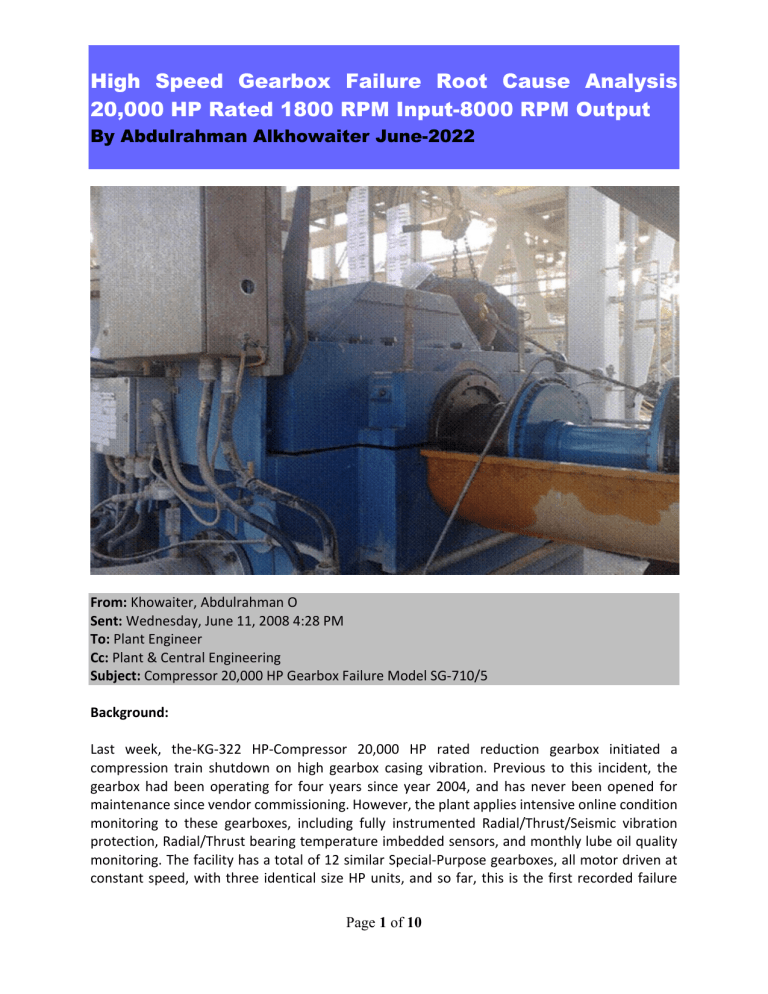 Gearbox Failure Root Cause Analysis Report Gearbox Failure Root Cause Analysis Report