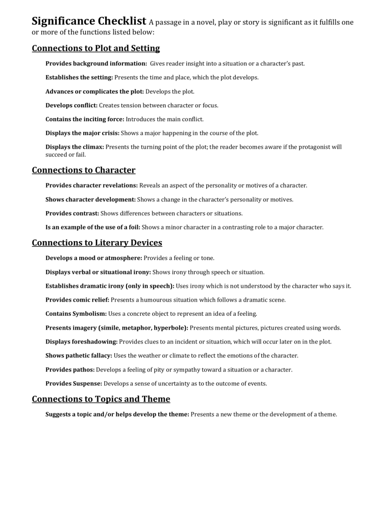 Significance Checklist Literary Analysis Guide Significance Checklist Literary Analysis Guide