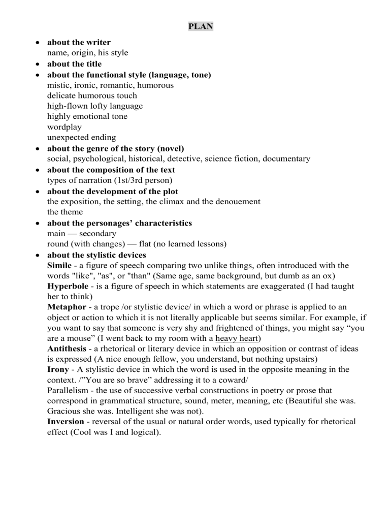 Literary Analysis Plan Writer Style Plot Devices