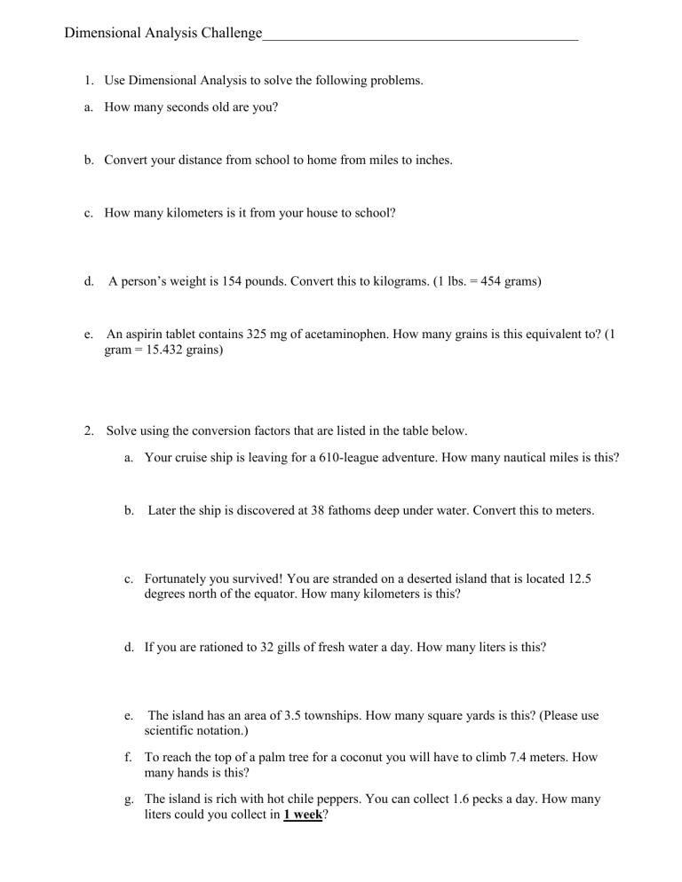 Dimensional Analysis Practice Problems