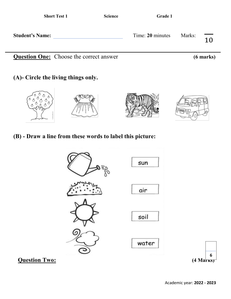 Grade 1 Science Test Living Things Plant Parts