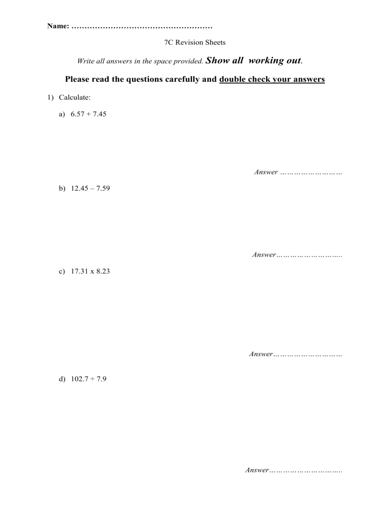 Maths Year 7 Practice Paper