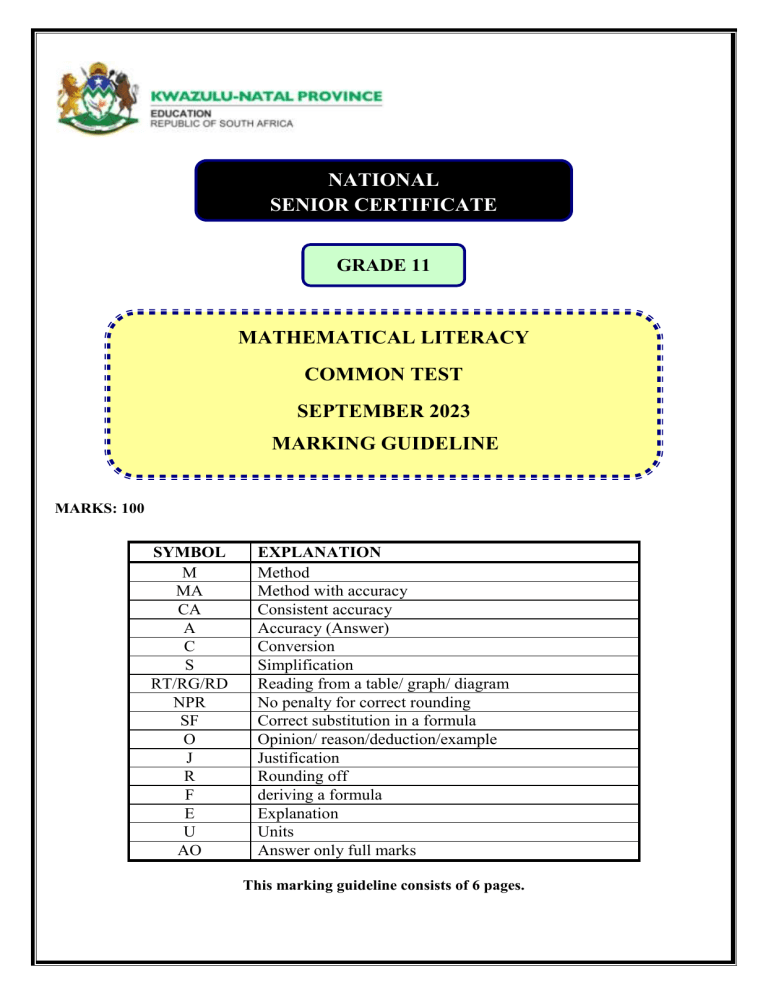 Grade 11 Mathematical Literacy Marking Guideline Grade 11 Mathematical Literacy Marking Guideline