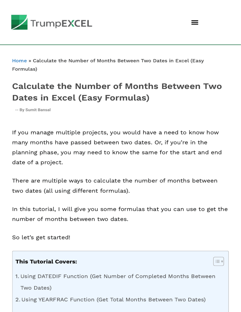 Calculate The Number Of Months Between Two Dates In Excel Easy Formulas 