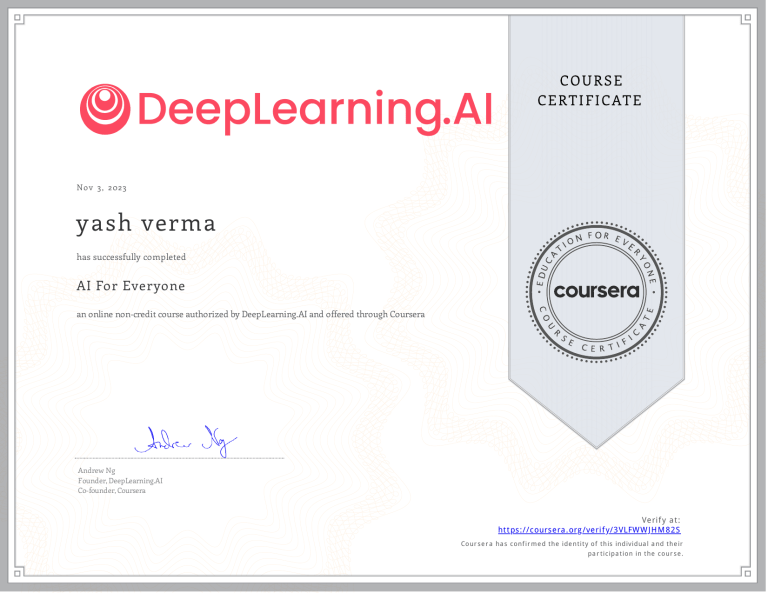 AI For Everyone Course Certificate AI For Everyone Course Certificate