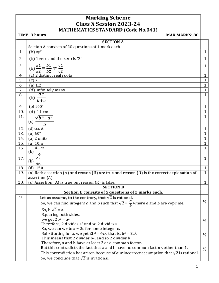Class X Maths Marking Scheme 2023-24