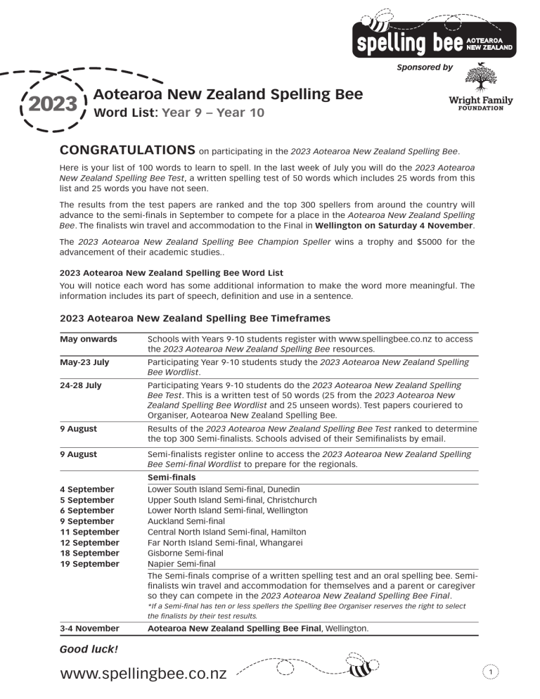 2023 NZ Spelling Bee Word List: Year 9-10