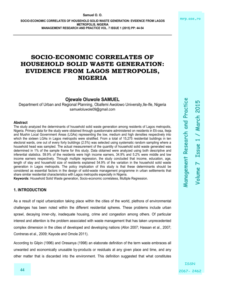 Household Solid Waste Generation in Lagos: Socio-Economic Factors