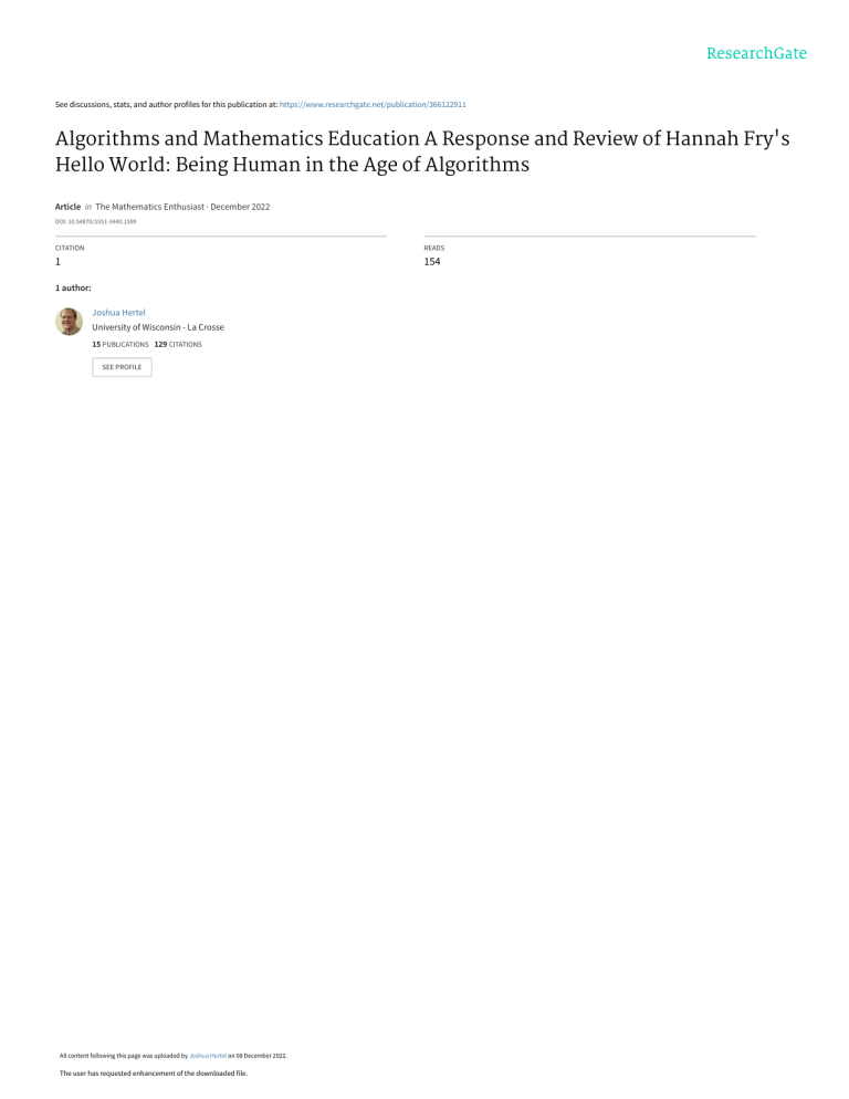 Algorithms & Math Education: A Review of Hannah Fry's Hello World