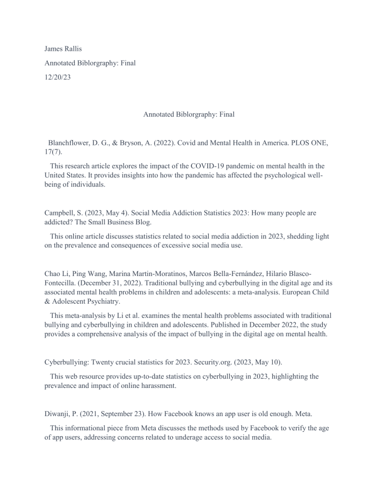 Social Media & COVID Mental Health Annotated Bibliography