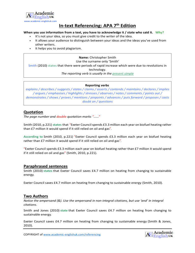 APA 7th Edition In-Text Referencing Guide
