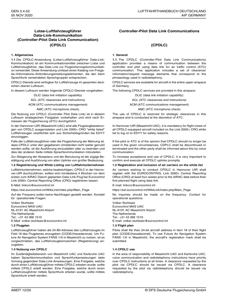 CPDLC im deutschen Luftraum: AIP-Auszug