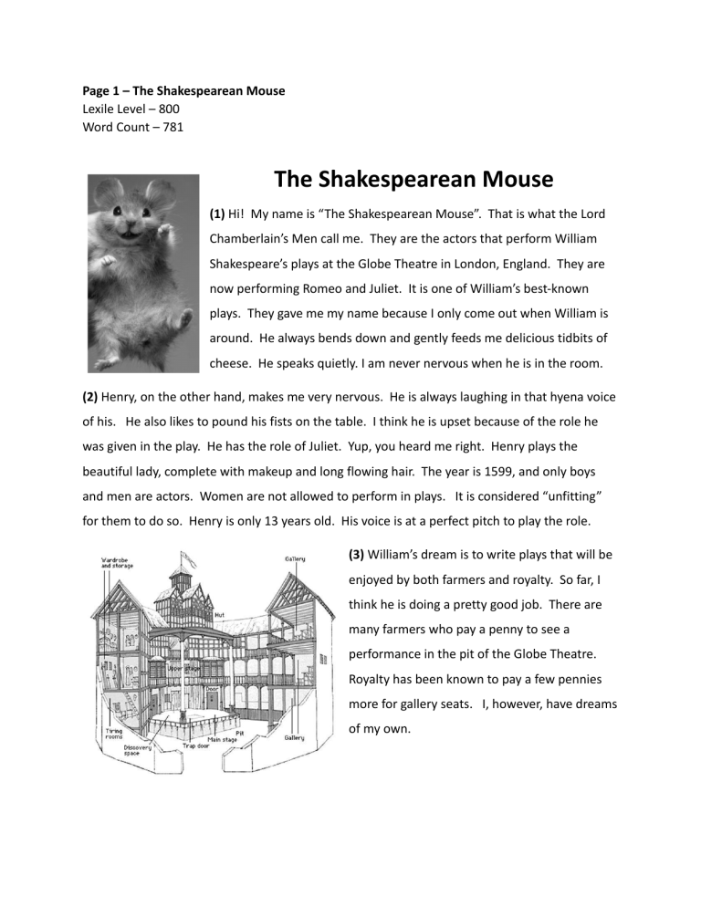 Shakespearean Mouse Reading Comprehension Worksheet