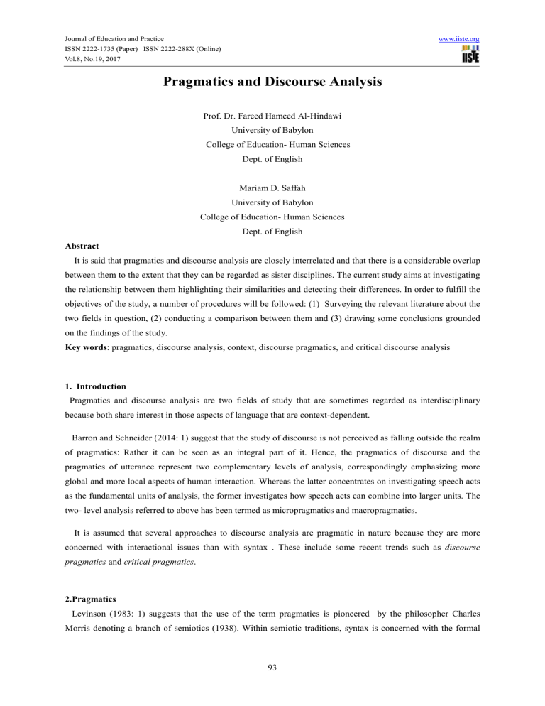Pragmatics and Discourse Analysis: A Comparative Study
