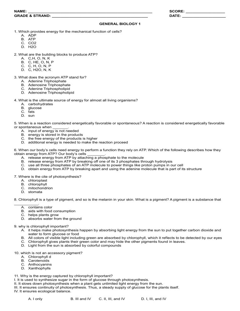 General Biology 1 Test: ATP, Photosynthesis, Respiration