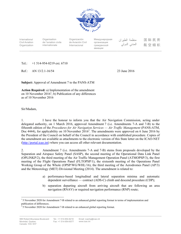 State letter 54 Amendment 7 to PANS-ATM