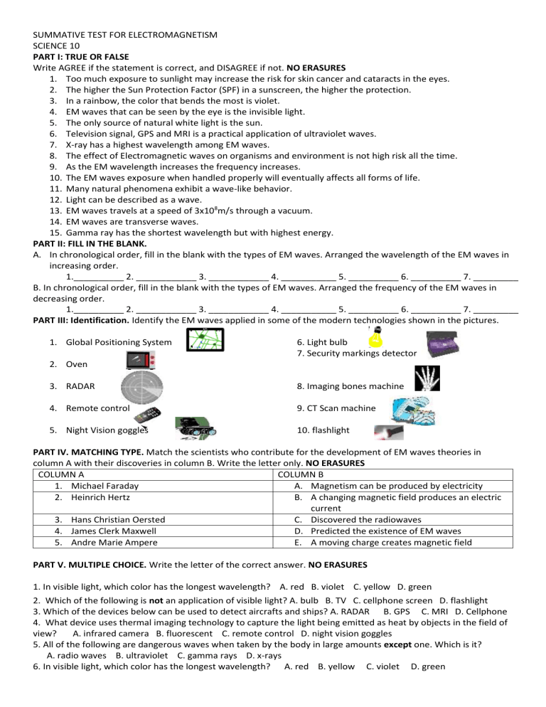 Electromagnetism Summative Test for Science 10