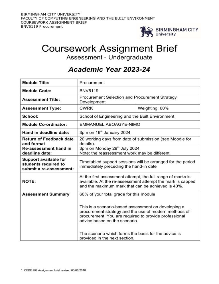 Procurement Strategy & Selection: Birmingham City University Assignment