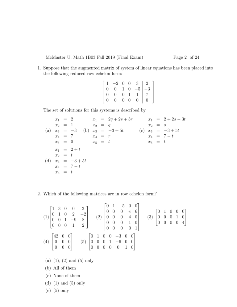 Linear Algebra Exam: Matrices, Vectors, Transformations