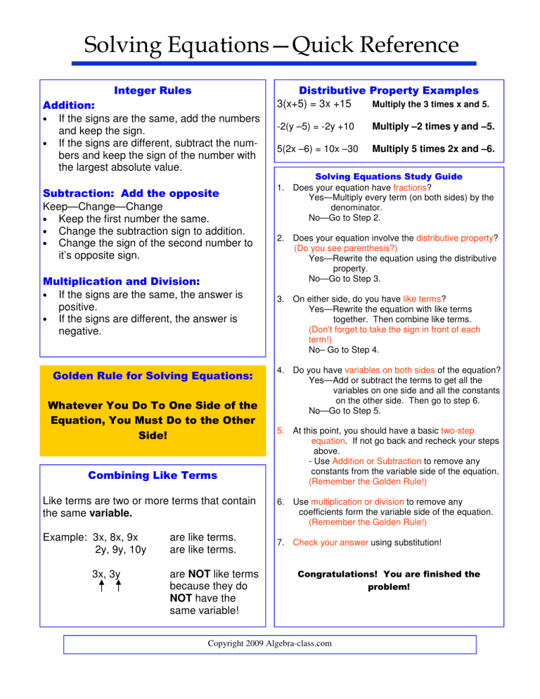 Solving Equations: Algebra Study Guide & Quick Reference