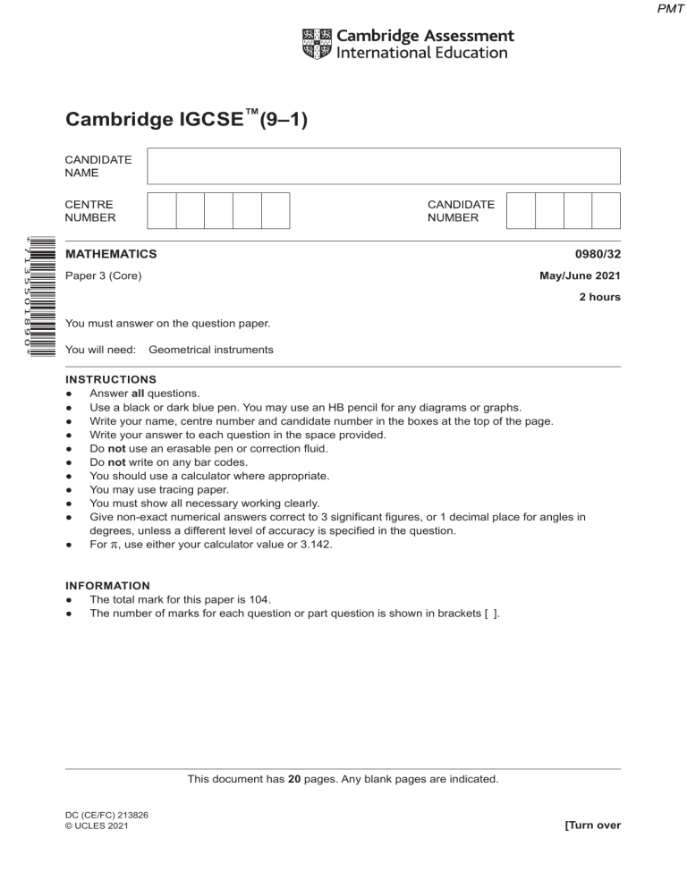 Cambridge IGCSE Math Paper 3 (Core) May/June 2021