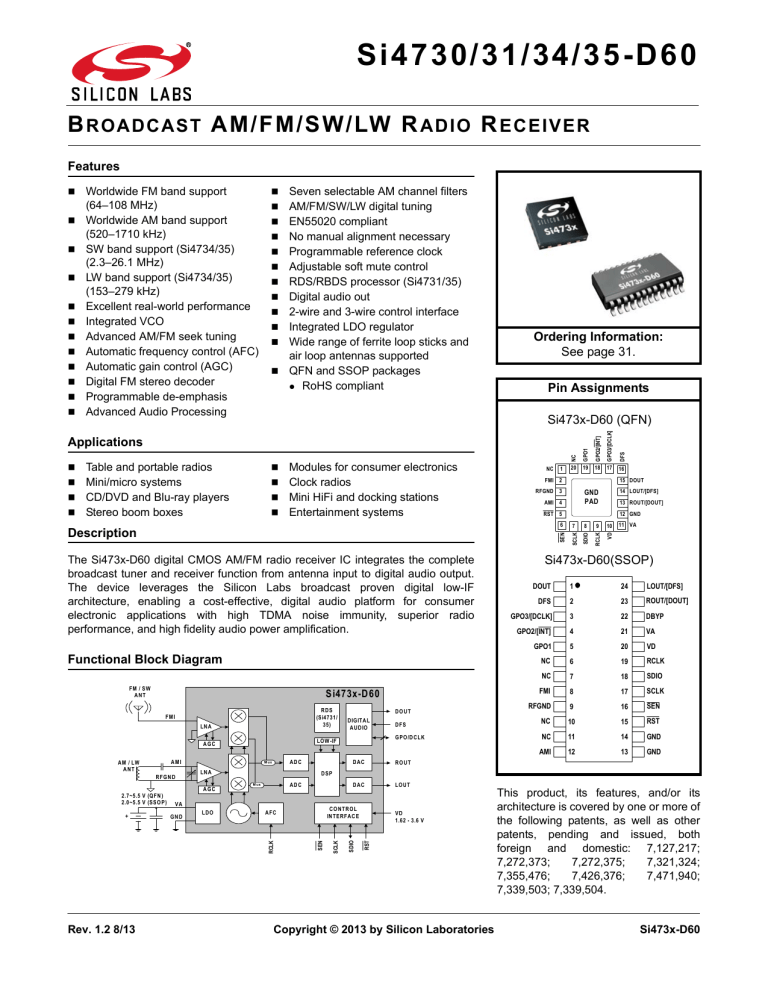 Si4730 Radio Receiver Datasheet: AM/FM/SW/LW IC