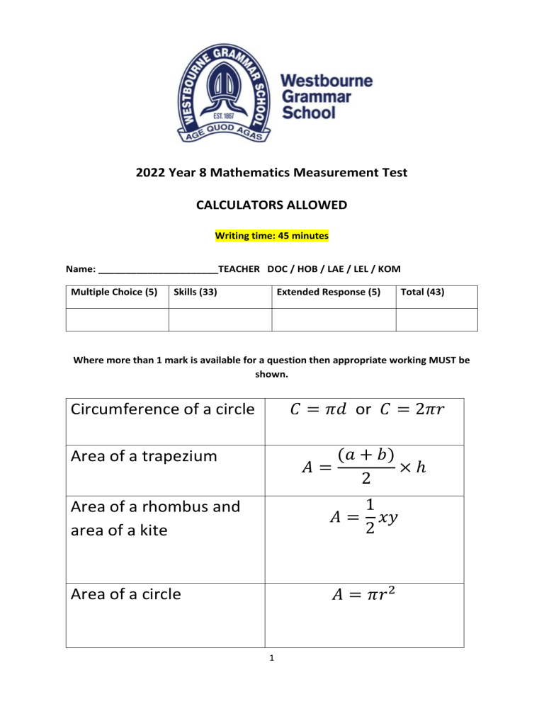 Year 8 Maths Measurement Test: Area, Volume, Perimeter