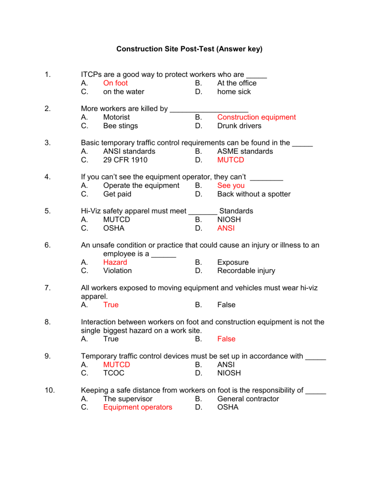 Construction Site Safety Post Test With Answer Key Construction Site Safety Post Test With Answer Key