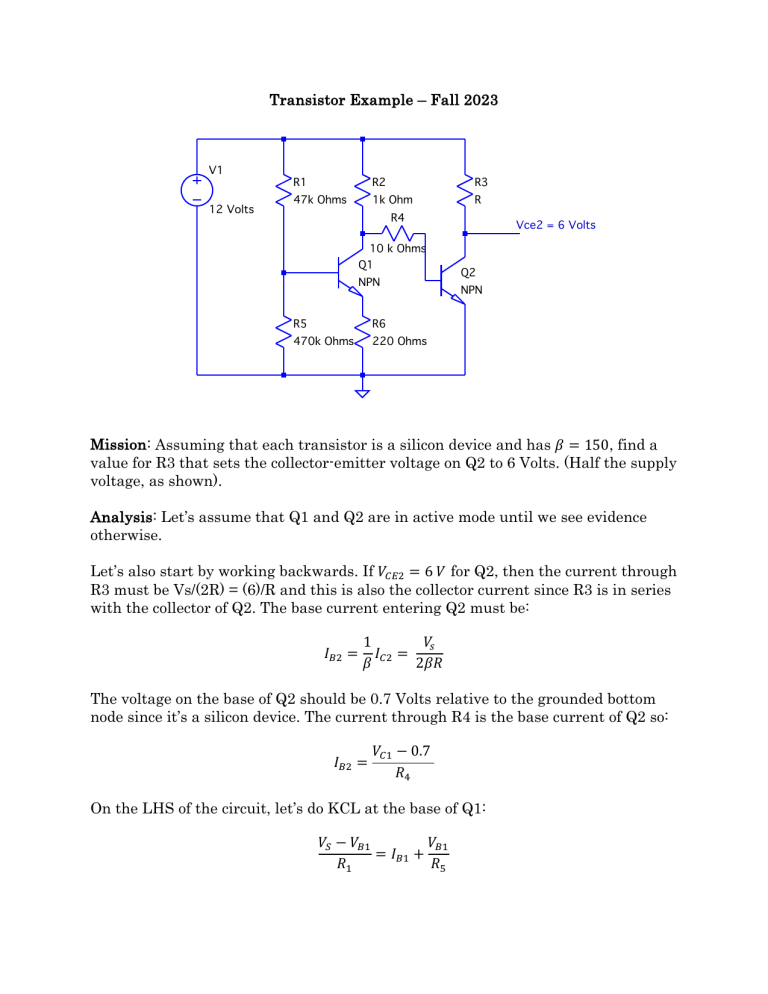 Transistor Circuit Analysis Example Transistor Circuit Analysis Example