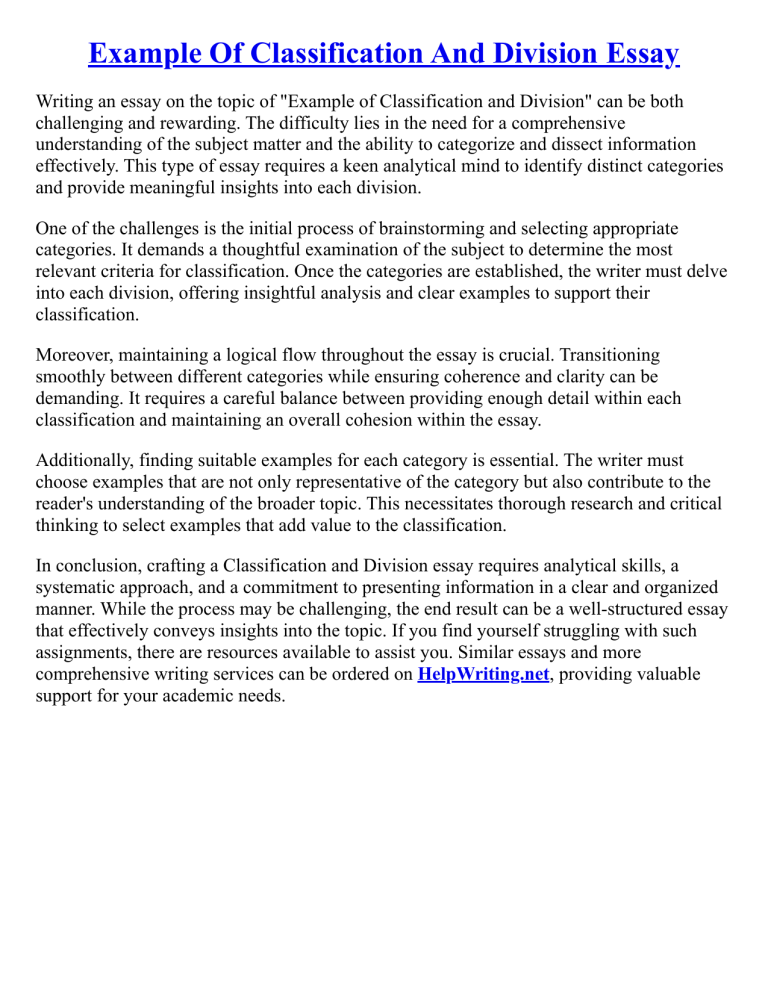 Example Of Classification And Division Essay Example Of Classification And Division Essay