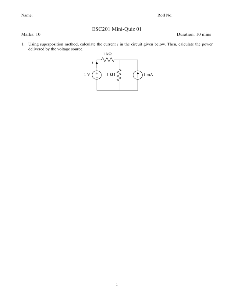 ESC201 Mini Quiz Circuit Analysis ESC201 Mini Quiz Circuit Analysis
