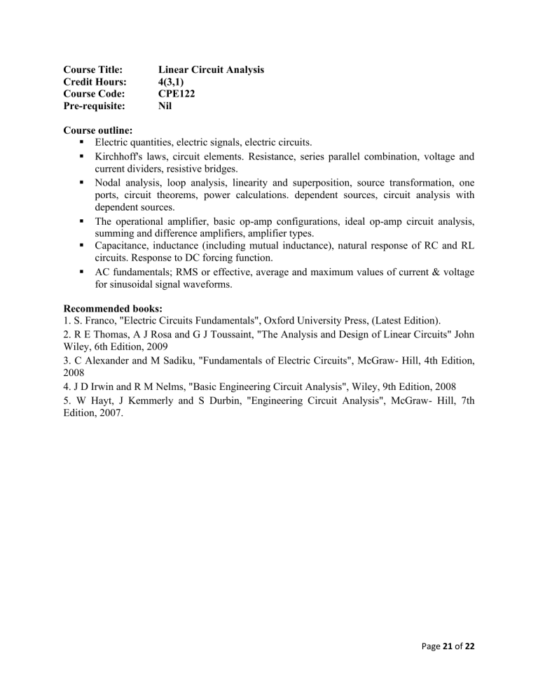 Linear Circuit Analysis Course Outline