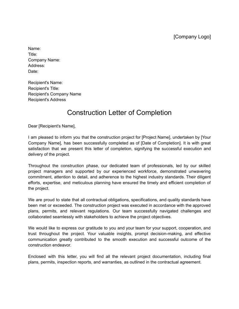 Construction Letter of Completion Construction Letter of Completion