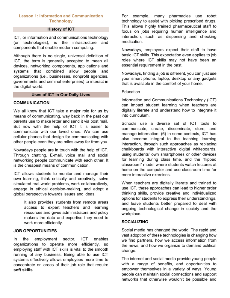 ICT Lesson: History, Uses, Impacts & Computing Basics