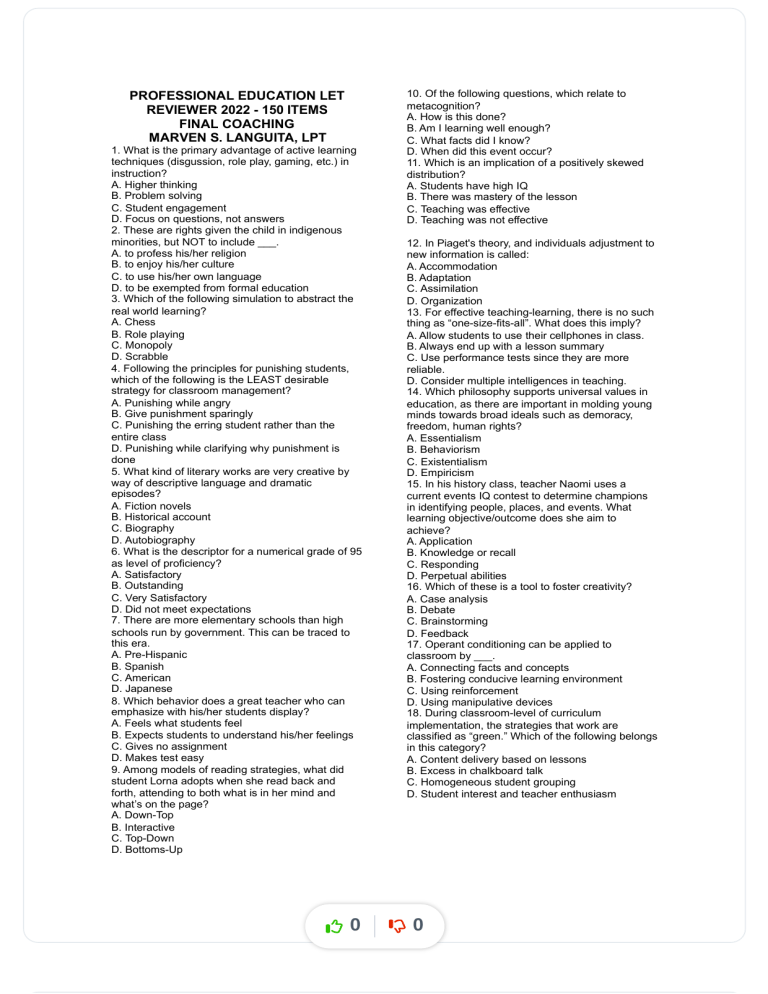 Professional Education LET Reviewer 2022