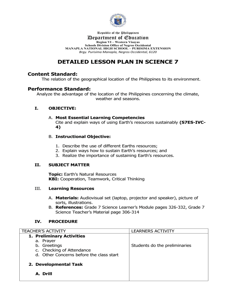 Science 7 Lesson Plan: Earth's Natural Resources