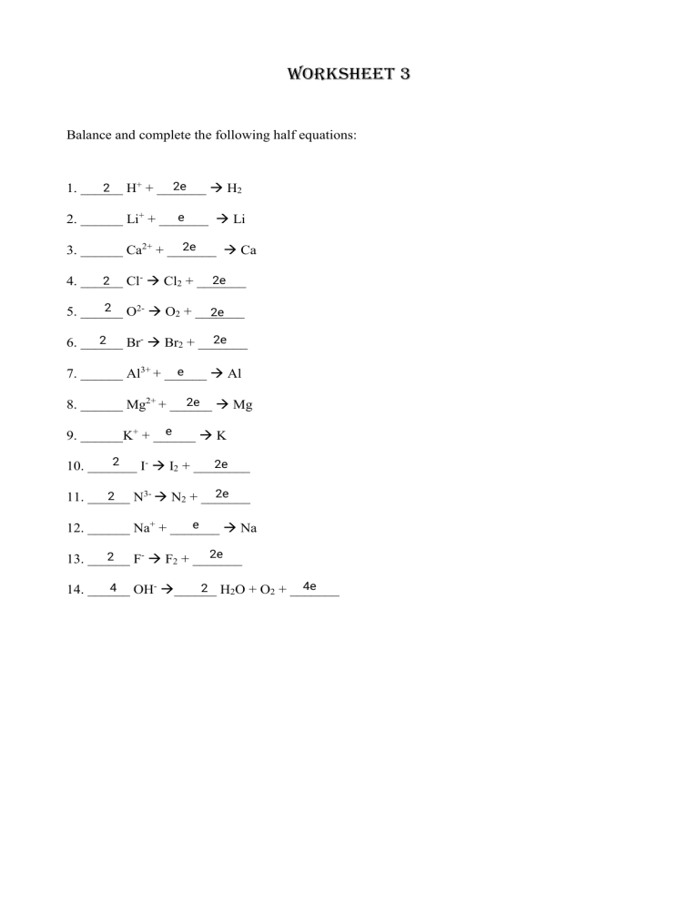 Balancing Half Equations Chemistry Worksheet Balancing Half Equations Chemistry Worksheet