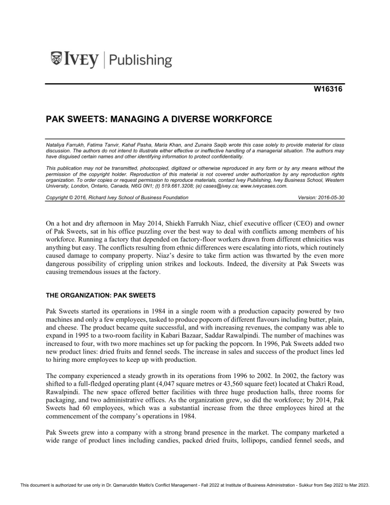 Pak Sweets: Managing a Diverse Workforce Case Study