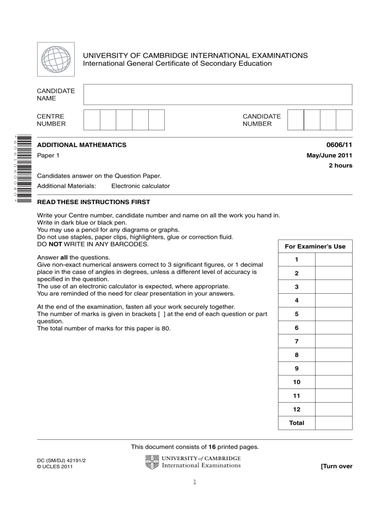 IGCSE Add Math Paper 1 0606 2011 to 2023