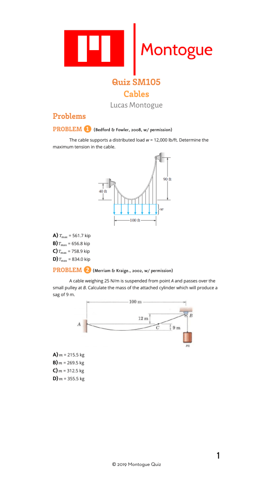 Cable Mechanics Quiz: Tension, Sag, and Properties