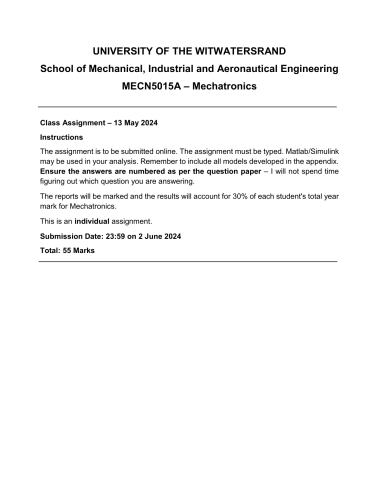 Mechatronics Class Assignment: Control Systems Design