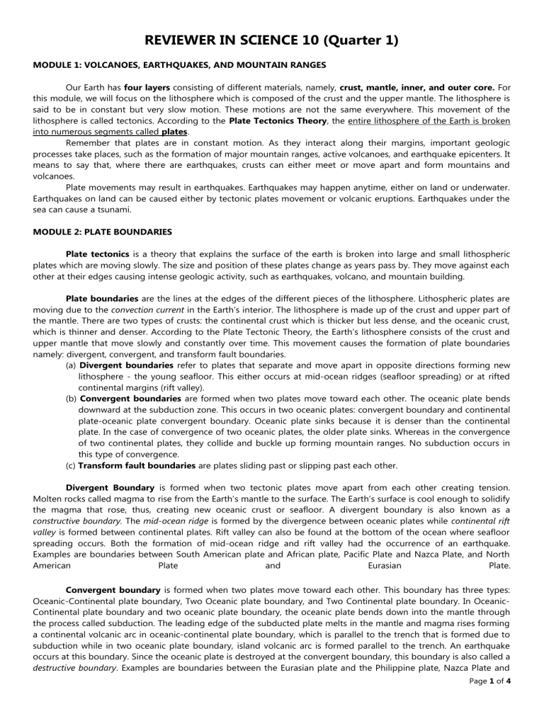 Science 10 Reviewer: Plate Tectonics, Volcanoes, Earthquakes