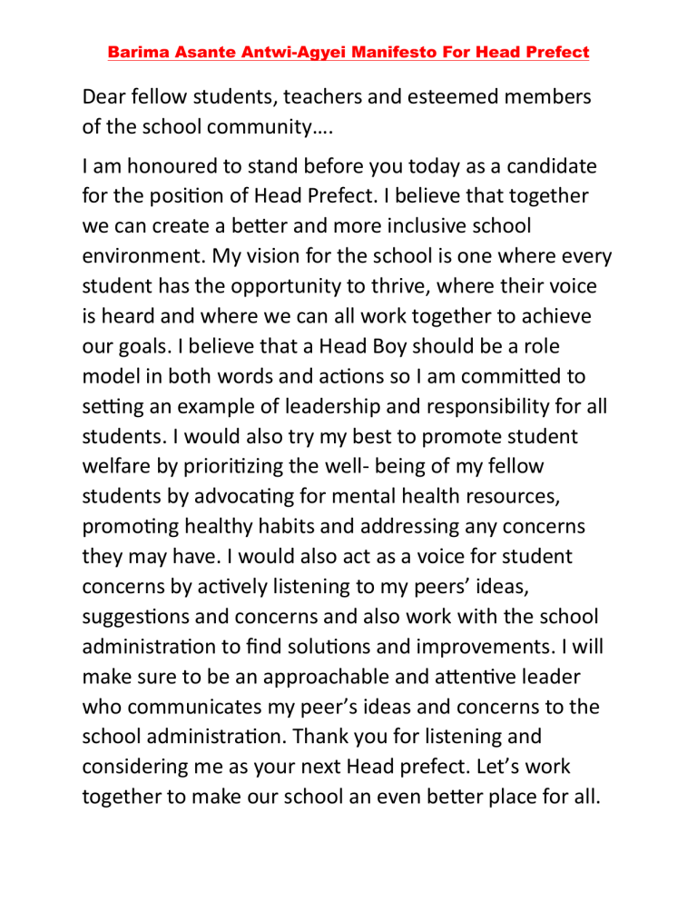 Head Prefect Manifesto Barima Asante Antwi Agyei